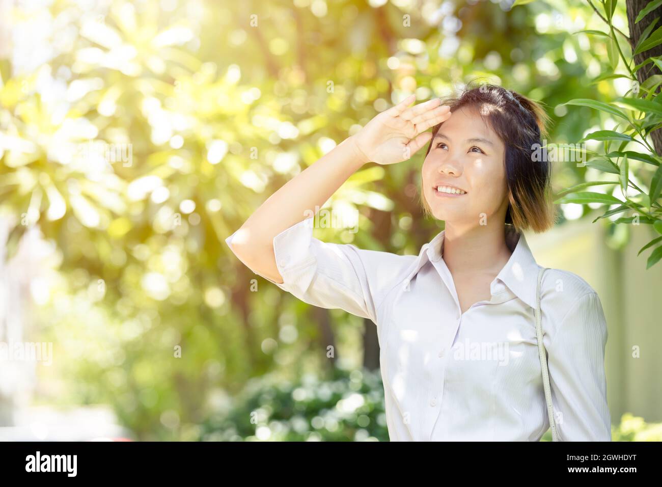 Women hand cover facial protection face skin damage from high UV ...