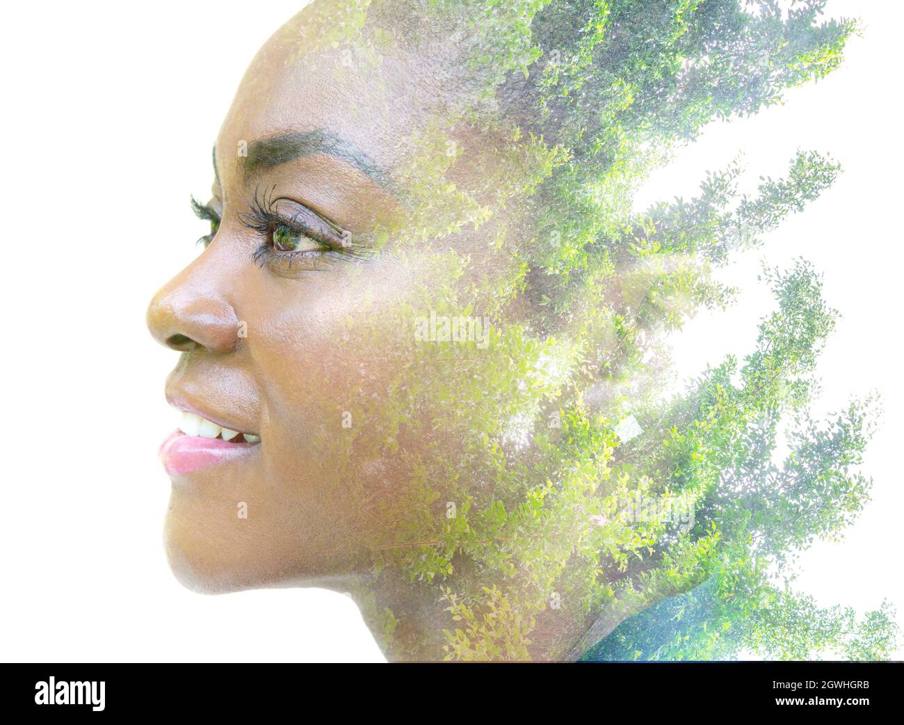 A portrait of a woman combined with a green tree in a double exposure ...