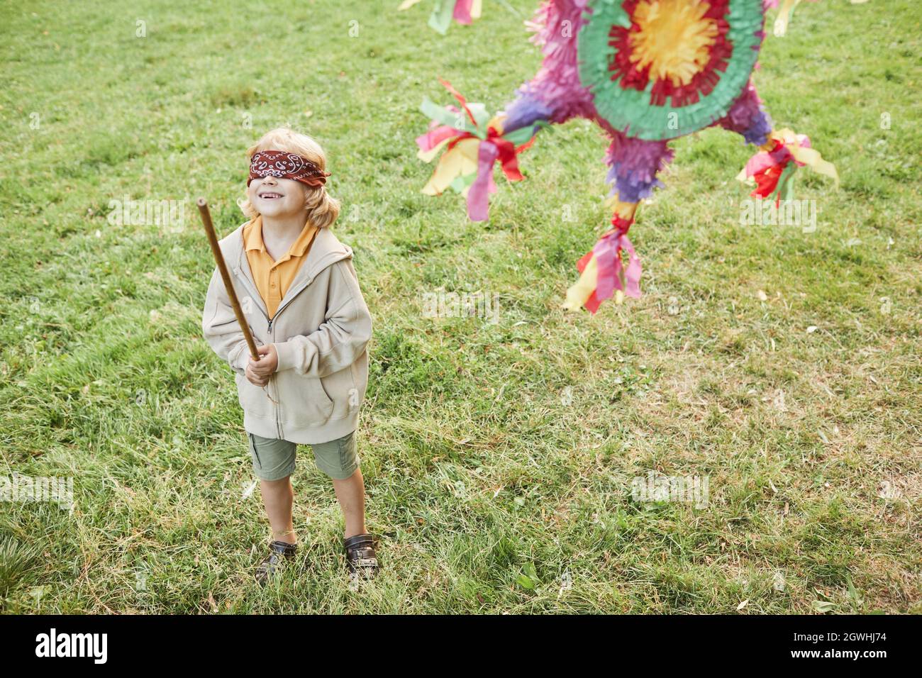 Portrait of boy playing pinata game at Birthday party outdoors and ...