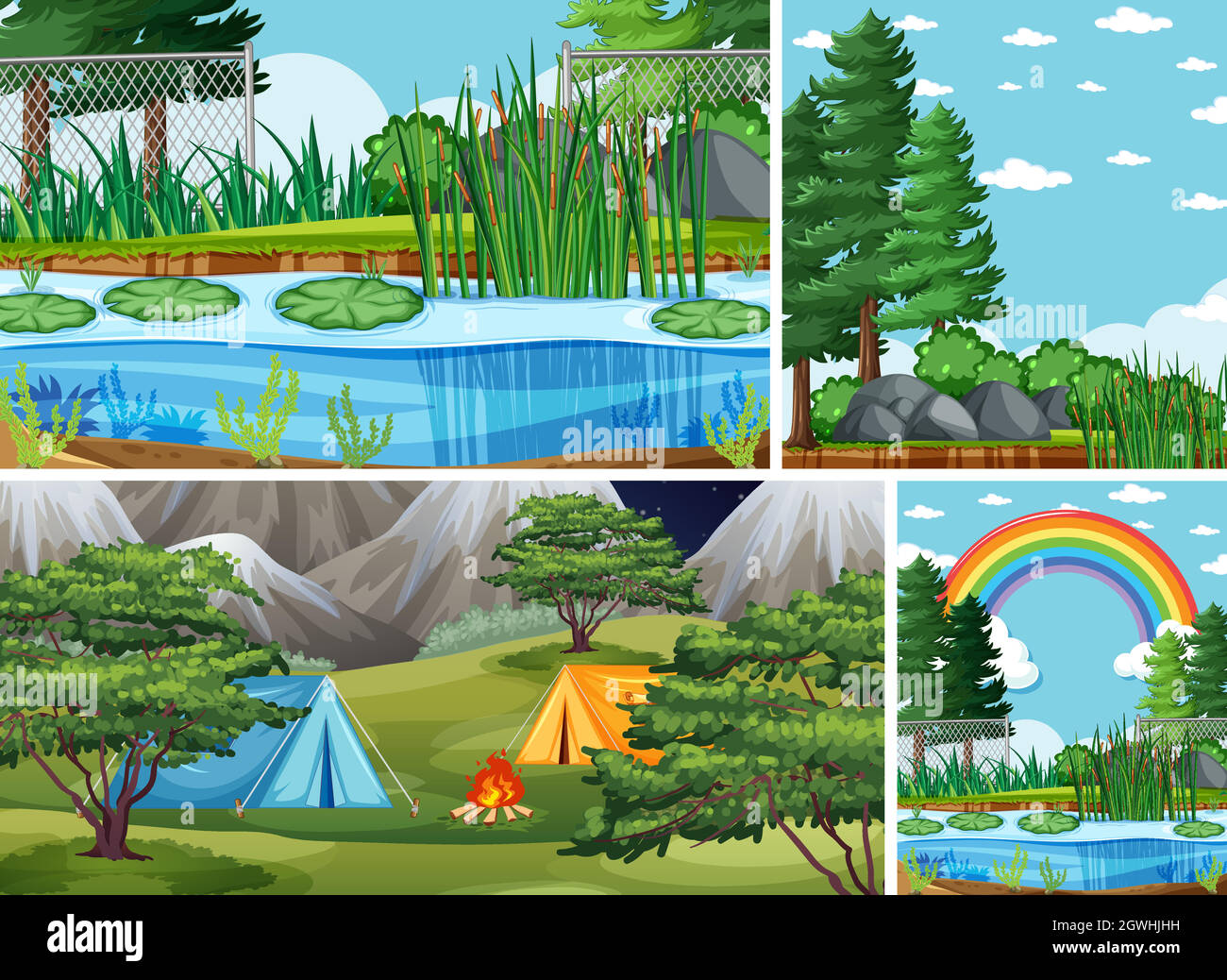 Four different scenes in nature setting cartoon style Stock Vector ...