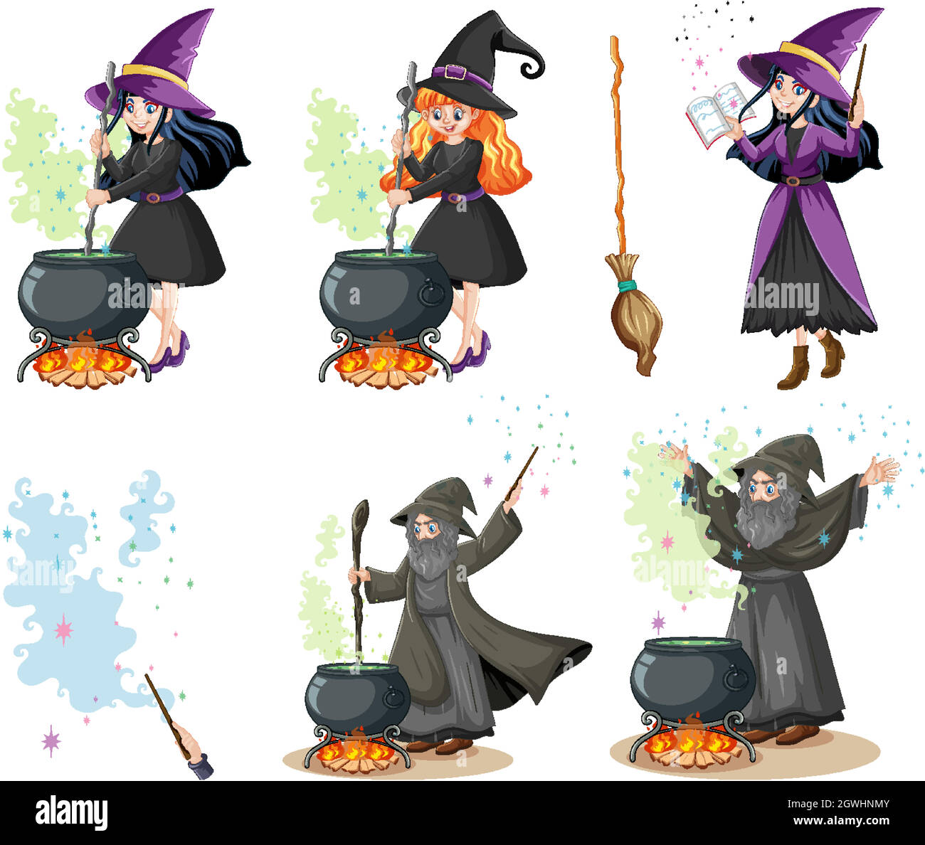 Set of wizard or witches with magic tools cartoon style isolated on ...