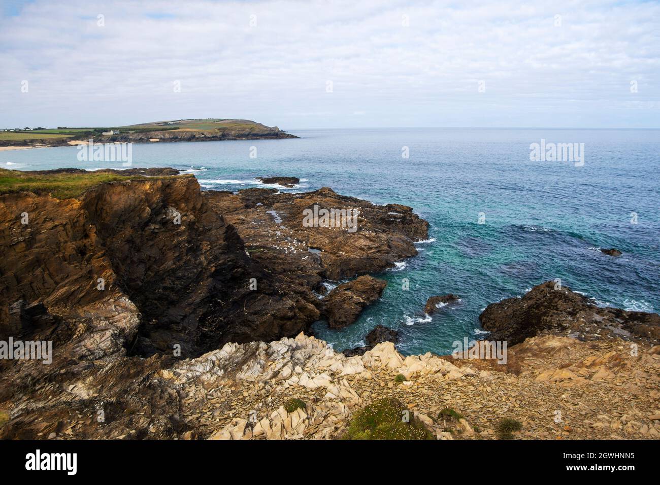 Looking back across Harlyn Bay, Cornwall, England, UK from the coastal ...