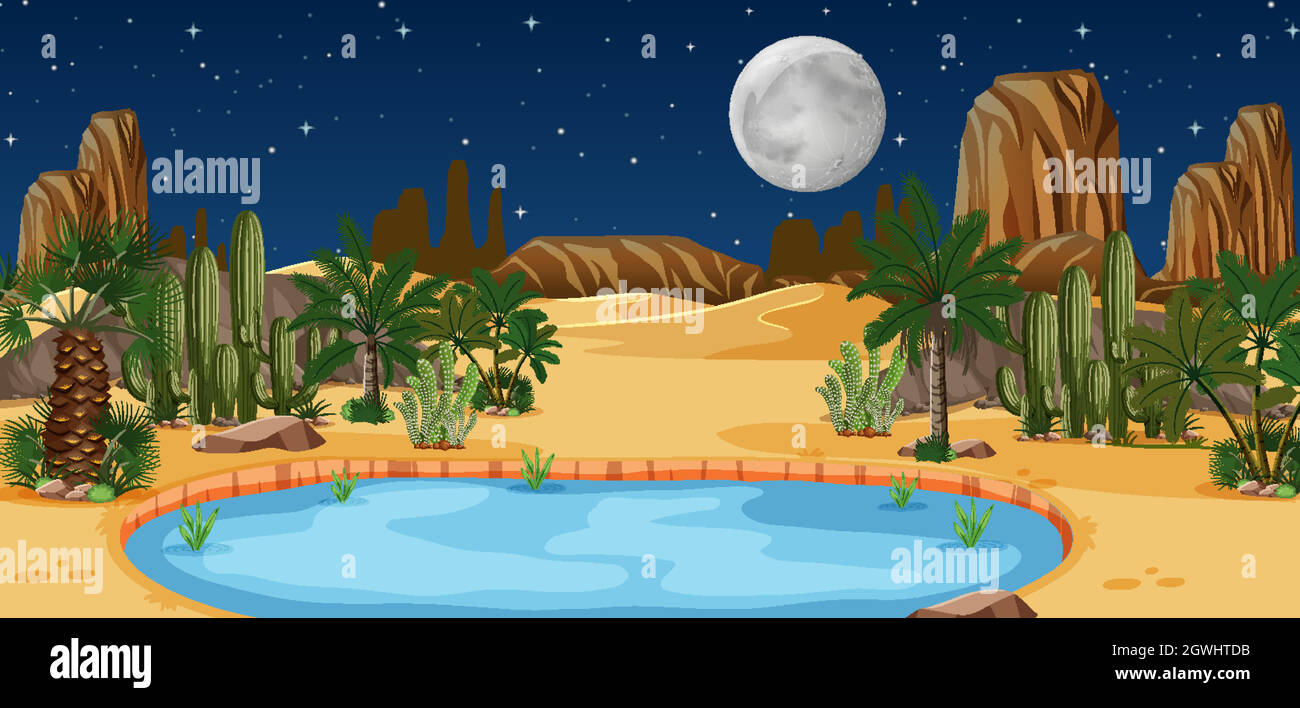 Desert oasis with palms and catus nature landscape at night scene Stock Vector Image & Art - Alamy
