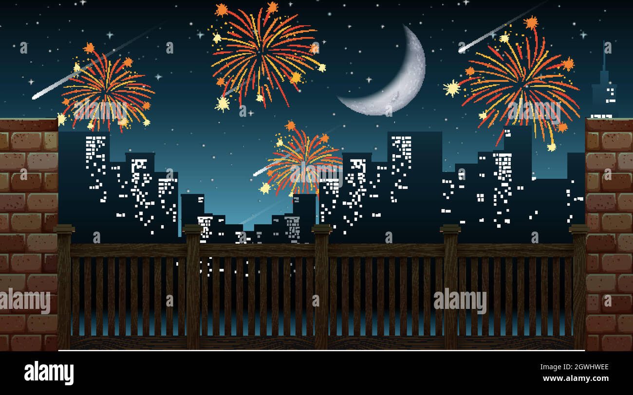 Cityscape with celebration fireworks view from the bridge Stock Vector ...