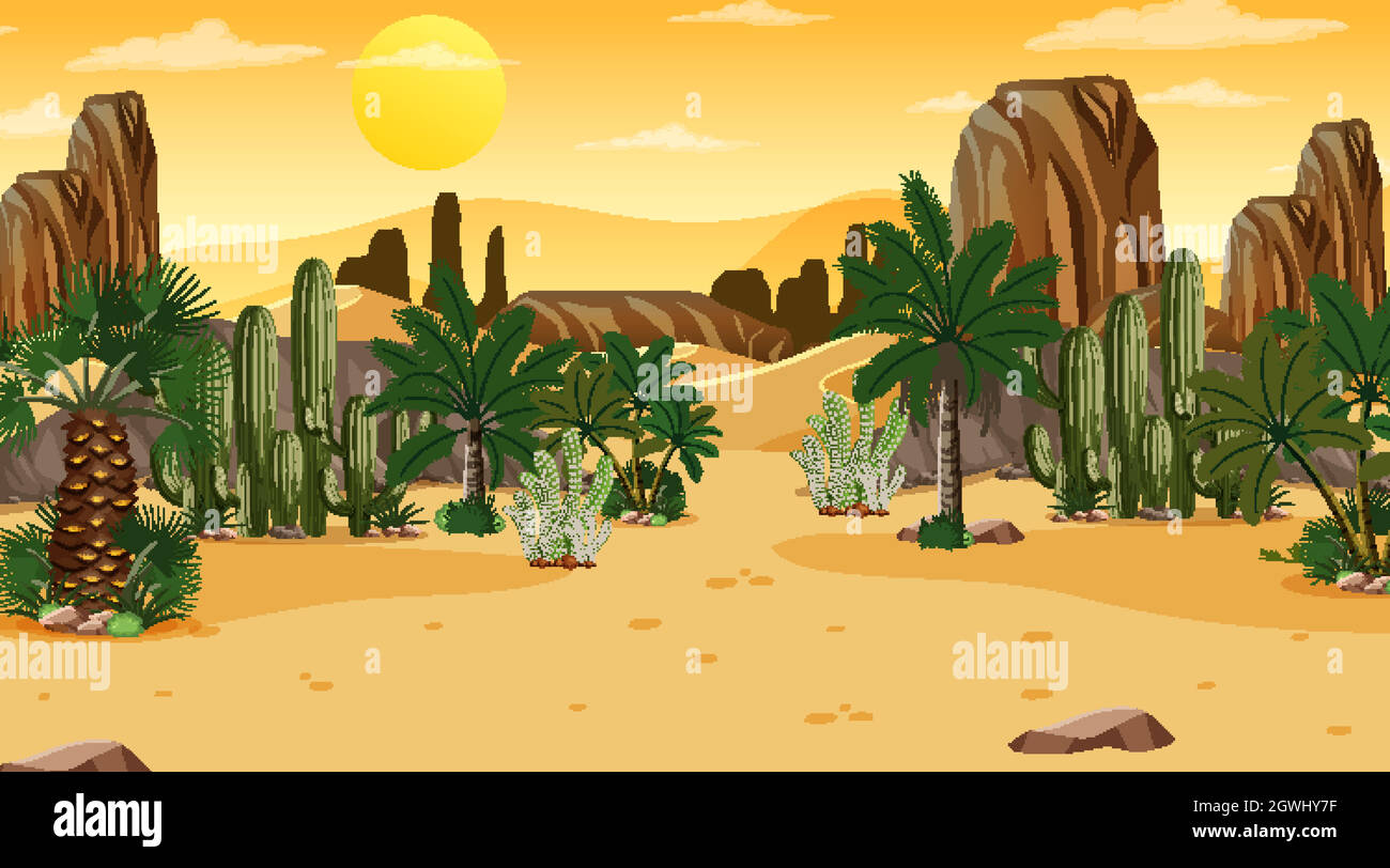 Desert forest landscape at sunset scene with oasis Stock Vector Image & Art - Alamy