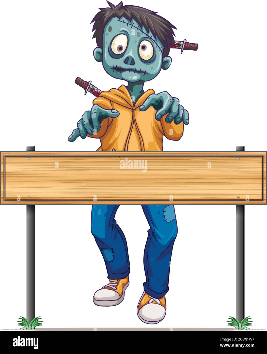 Zombie walking behind wood sign Stock Vector Image & Art - Alamy