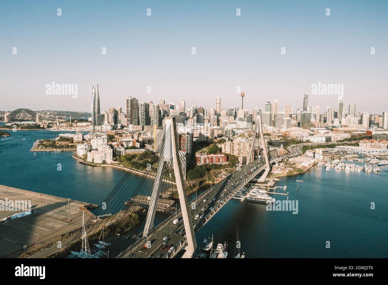 An aerial view of the Anzac Bridge and the city of Sydney, Australia ...