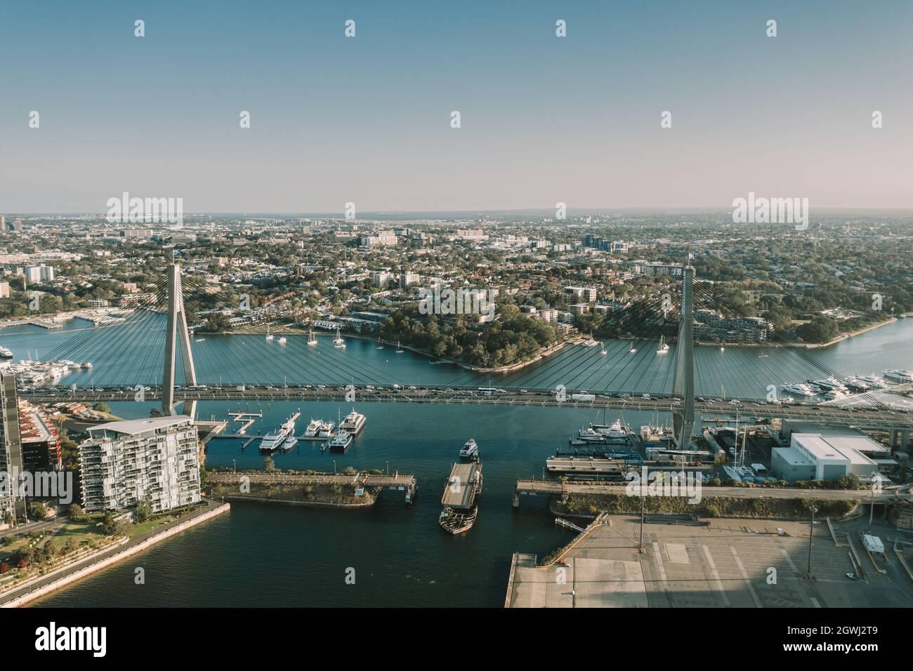 An aerial view of the Anzac Bridge and the city of Sydney, Australia ...