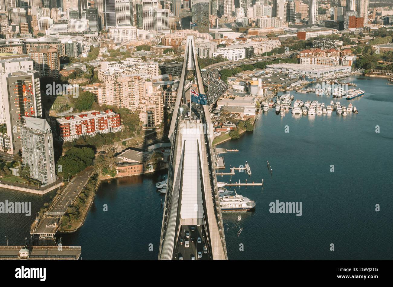 An aerial view of the Anzac Bridge and the city of Sydney, Australia ...