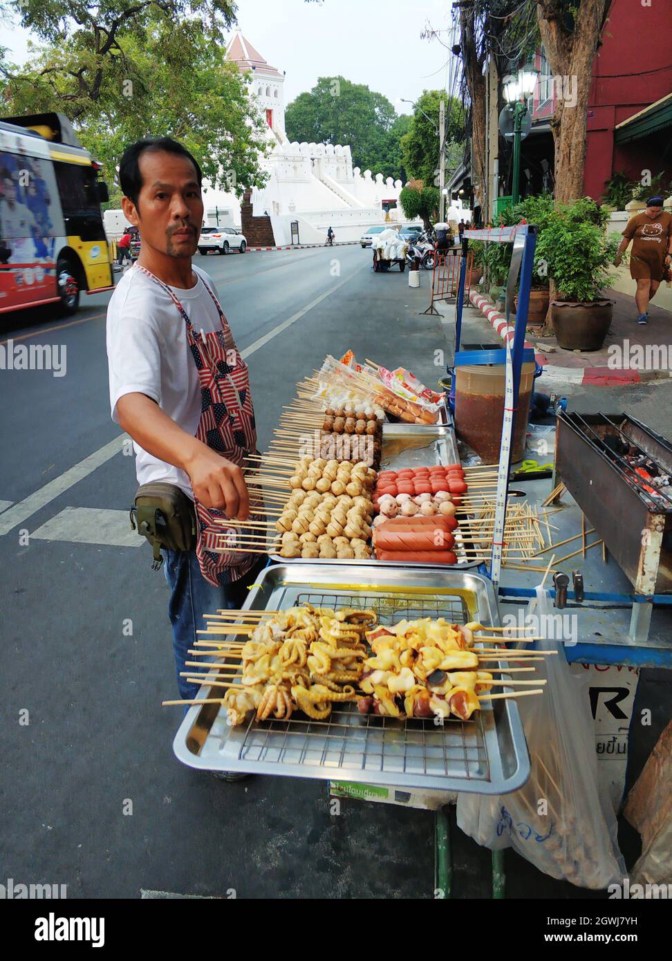 Snack and fried chicken stall at a market in Asia. Bangkok, Thailand ...