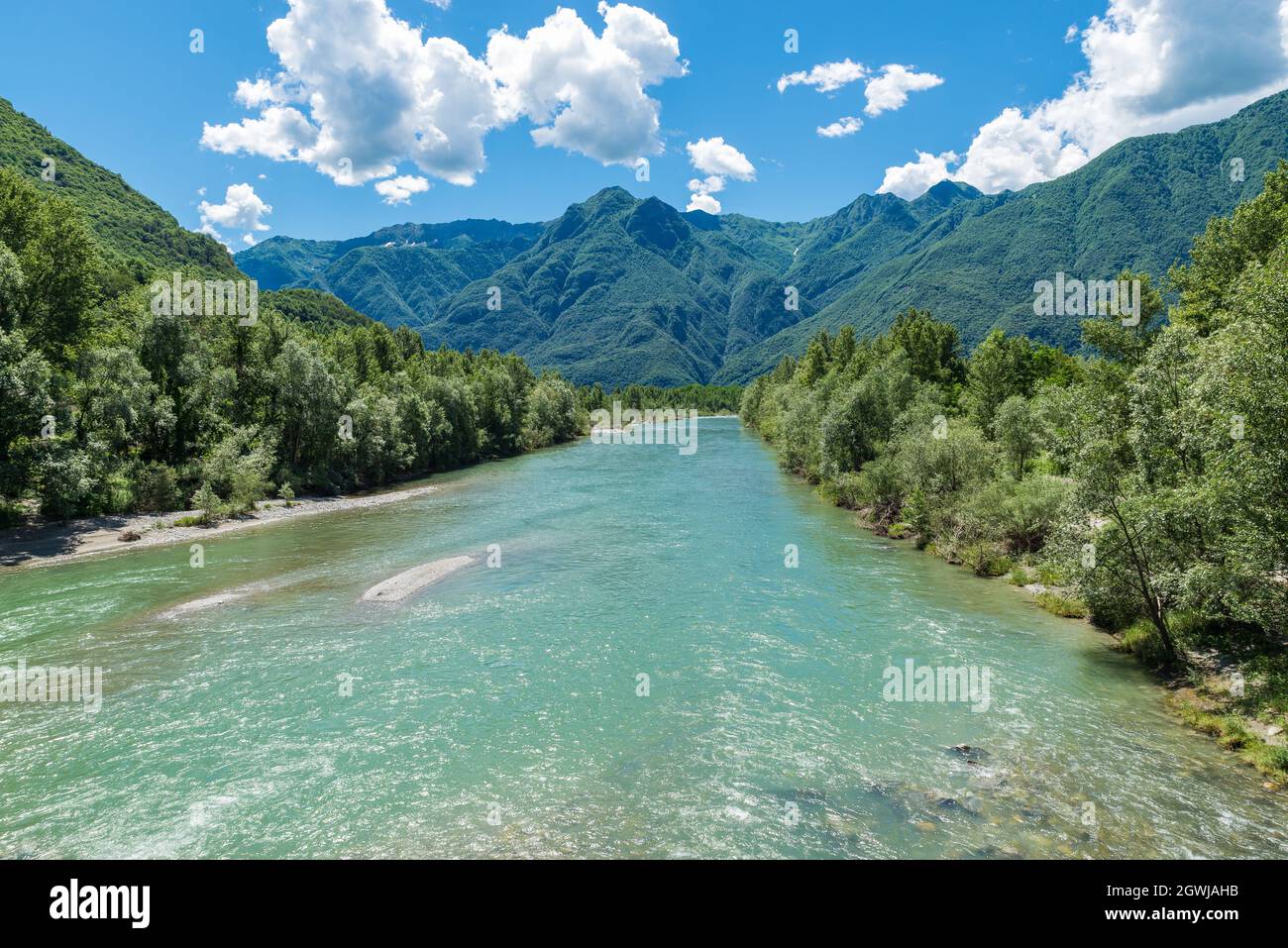 Important river in northern Italy on a beautiful sunny day. Toce river ...