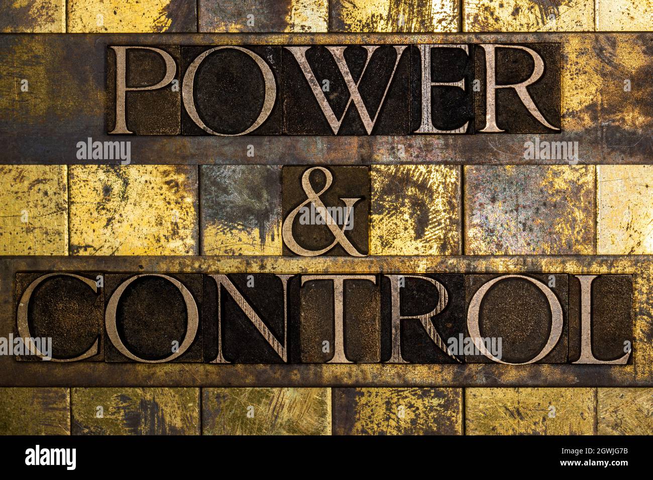 Power and Control text on textured grunge copper and vintage gold ...