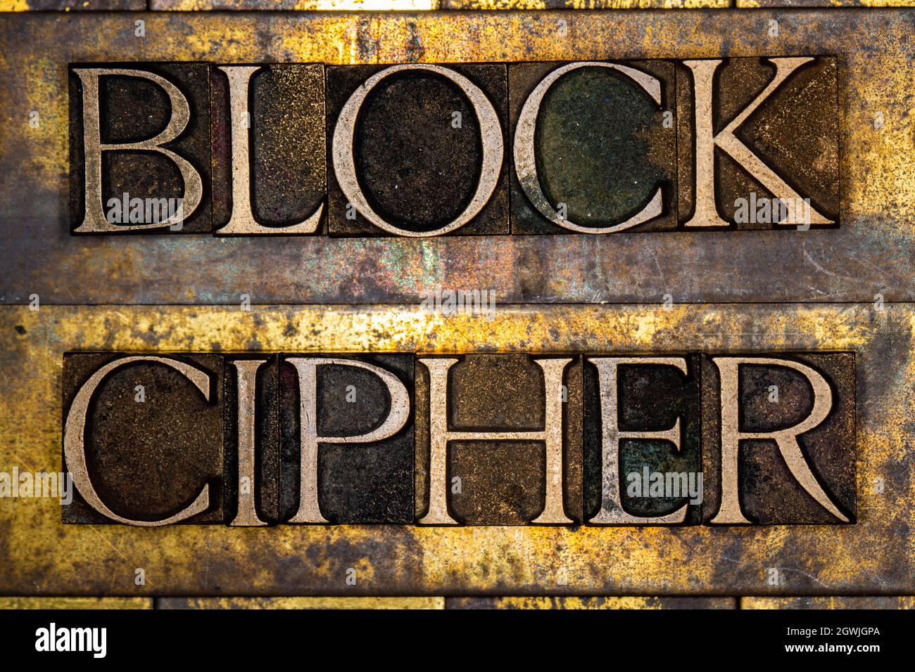 Block Cipher text on textured grunge copper and vintage gold background ...