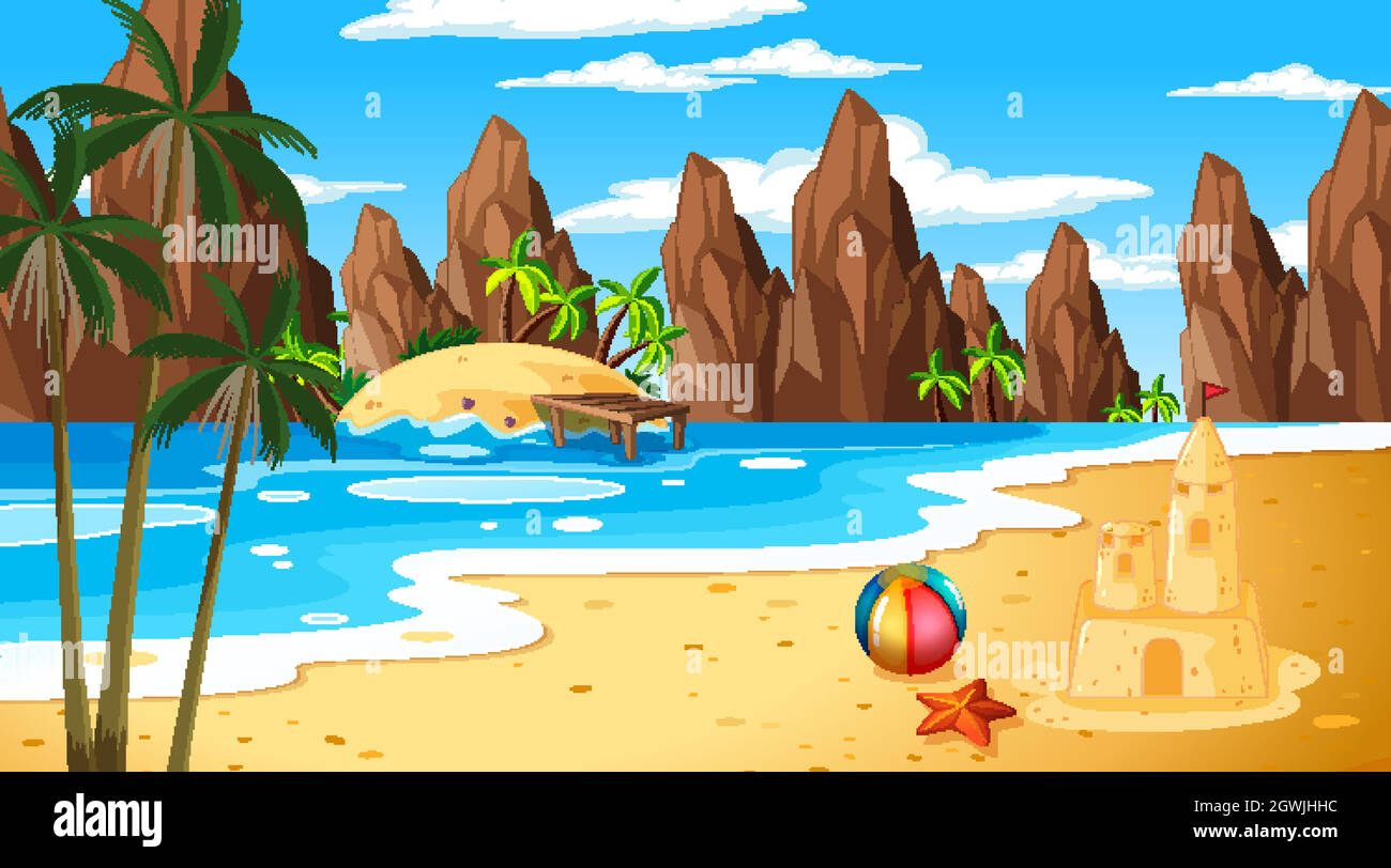 Tropical beach landscape scene with sand castle Stock Vector Image ...