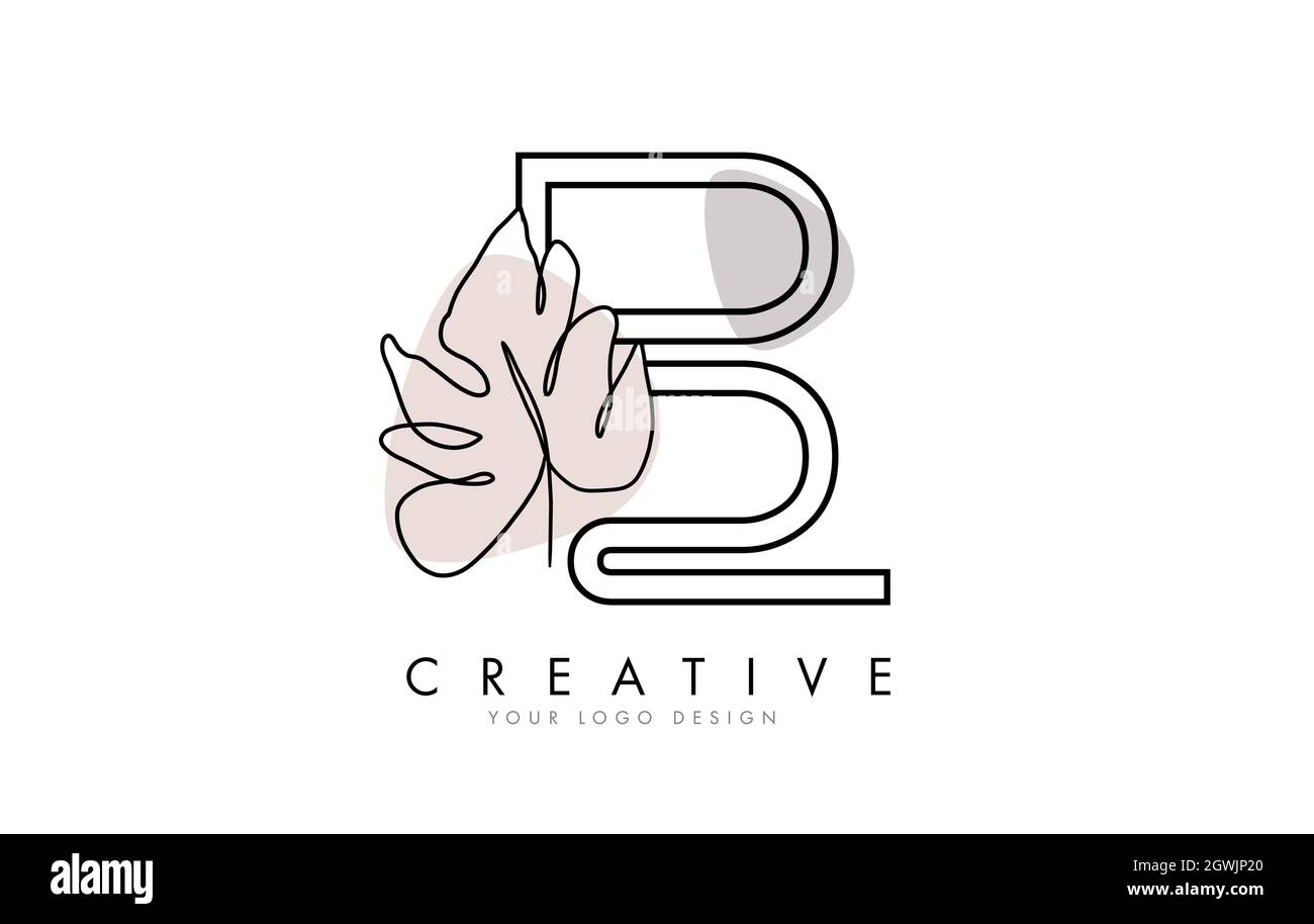 Black Outline B letter logo design with Monstera Leaf One Line Drawing ...
