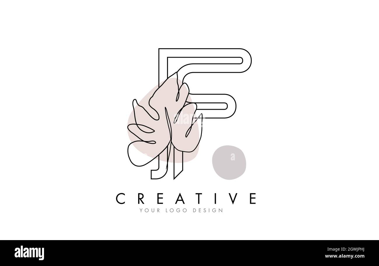 Black Outline F letter logo design with Monstera Leaf One Line Drawing ...