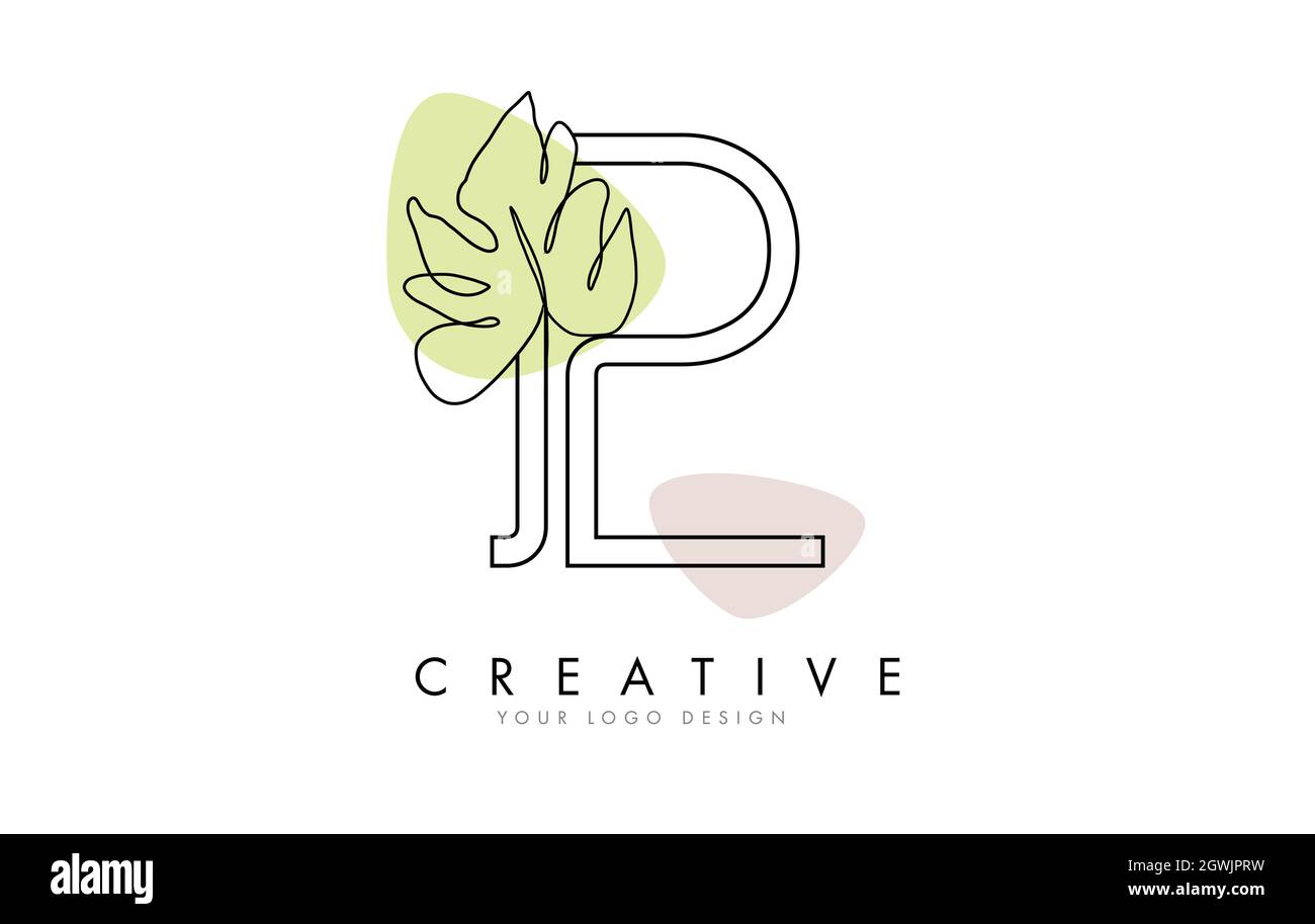Black Outline P letter logo design with Monstera Leaf One Line Drawing ...