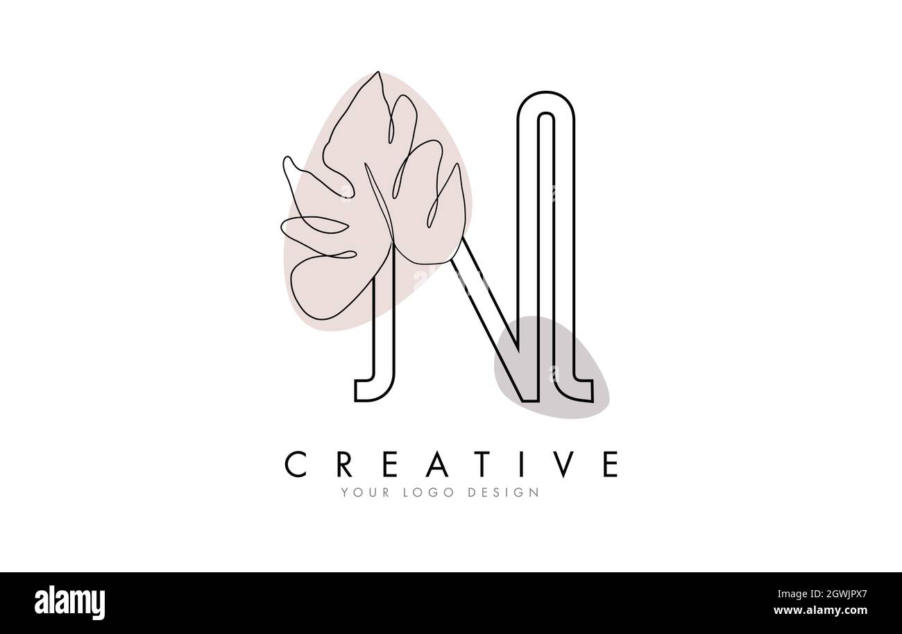 Black Outline N letter logo design with Monstera Leaf One Line Drawing ...