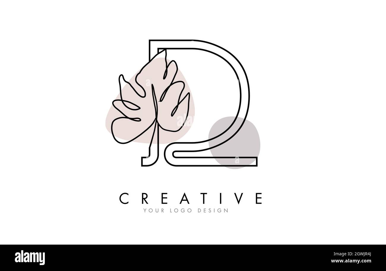 Black Outline D letter logo design with Monstera Leaf One Line Drawing ...