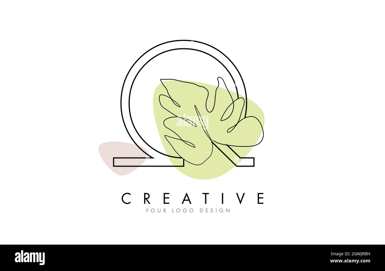 Black Outline Q letter logo design with Monstera Leaf One Line Drawing ...