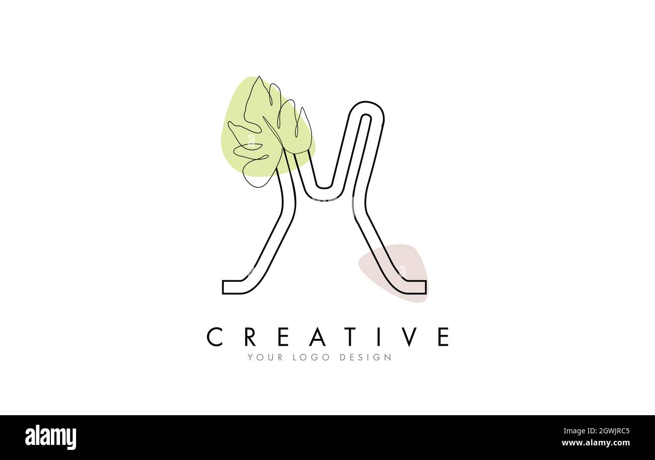 Black Outline X letter logo design with Monstera Leaf One Line Drawing ...