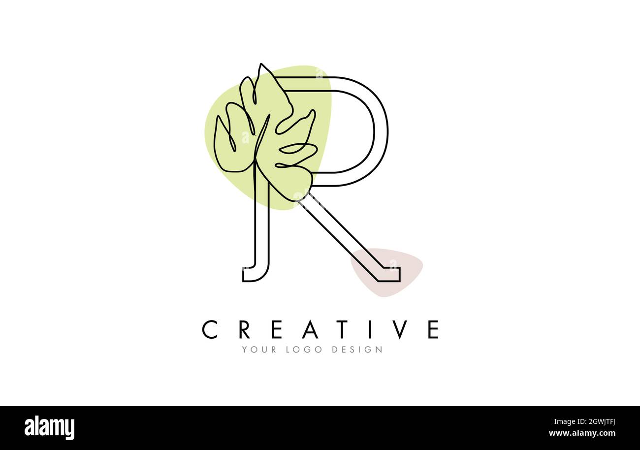 Black Outline R letter logo design with Monstera Leaf One Line Drawing ...