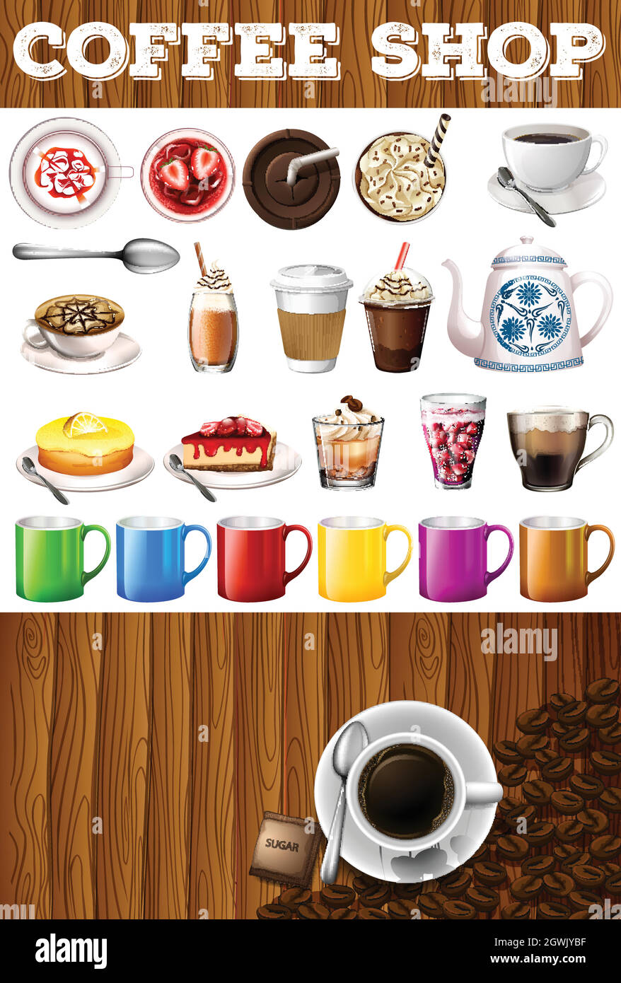 Different kind of drinks and desserts in coffee shop Stock Vector Image ...