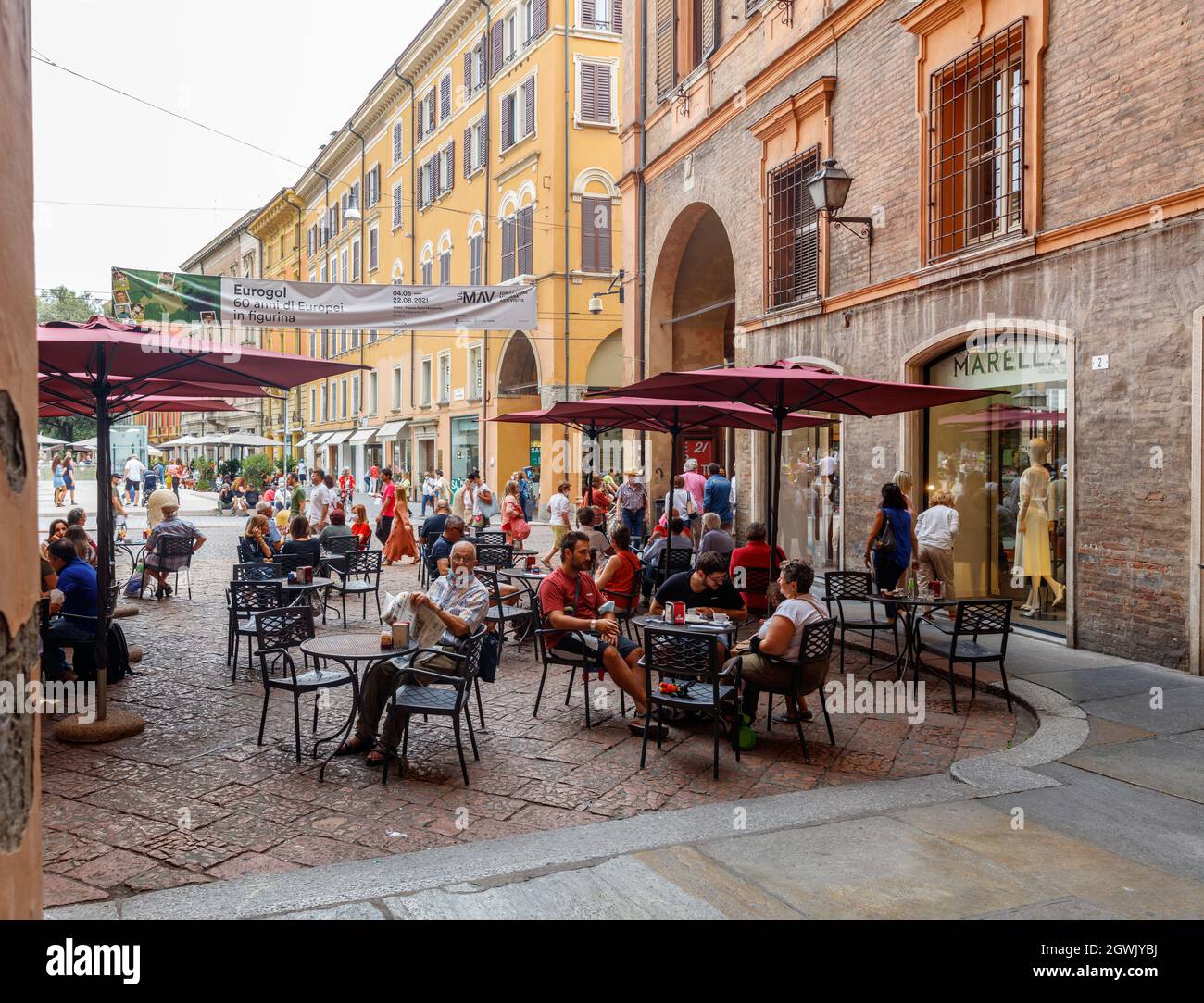 Modena, Italy - September 4, 2021: Square in the old town with sops and ...