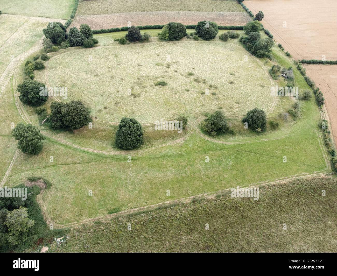 arail view looking down at Rainsborough hill fort. Remains of an Iron ...