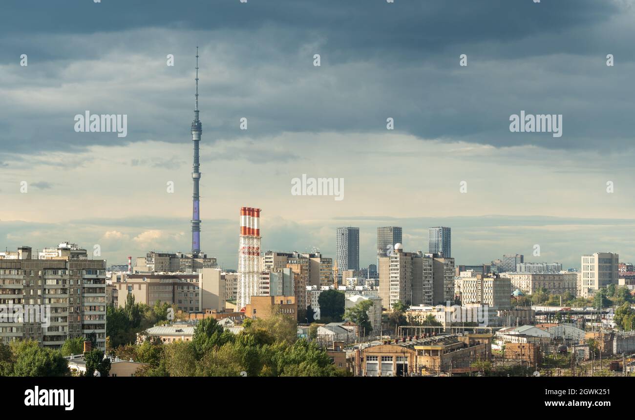 Ostankino Tower above Moscow cityscape in summer, Russia. Panorama of ...