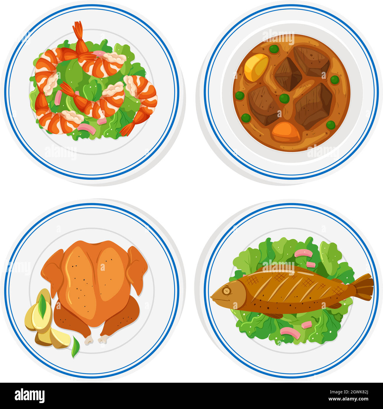 Set of different food on round plates Stock Vector Image & Art - Alamy
