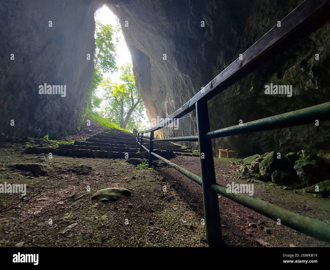 A close up shot on a steel beams in a natural cave and beautiful view ...
