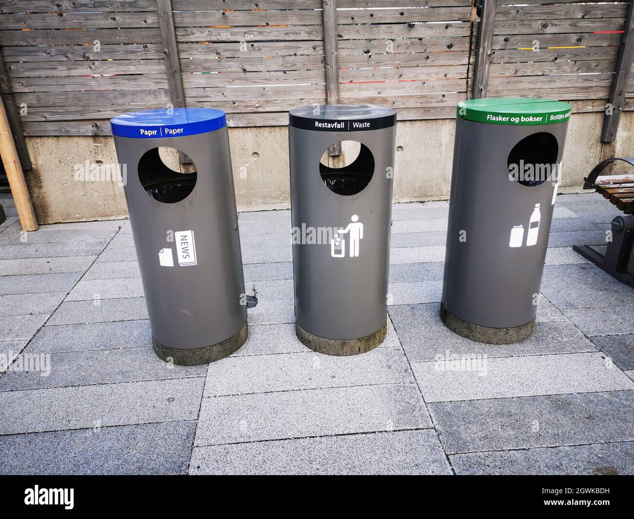ARNA, NORWAY - Sep 09, 2021: Recycling bins for paper residual waste ...