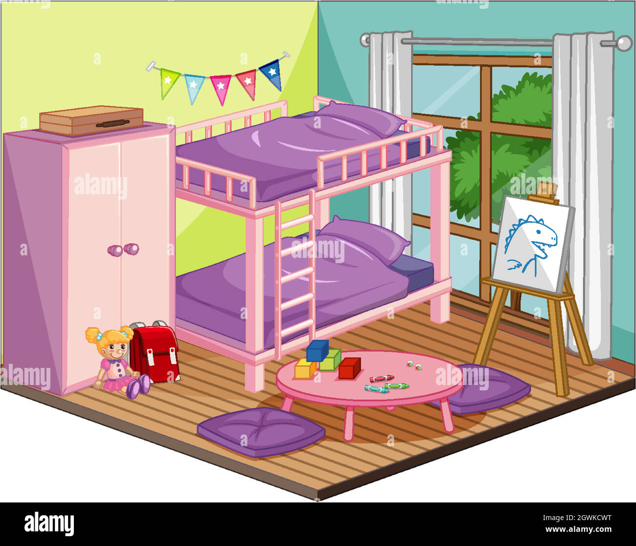 Girl bedroom interior with furniture and decoration elements in pink ...