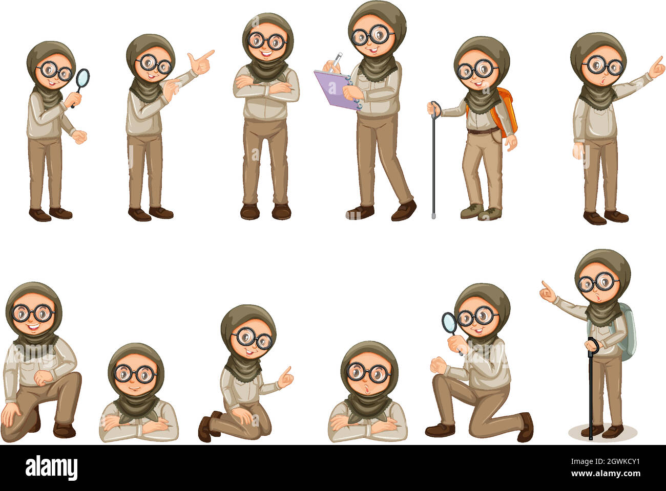 Muslim girl in scout uniform doing different poses on white background ...