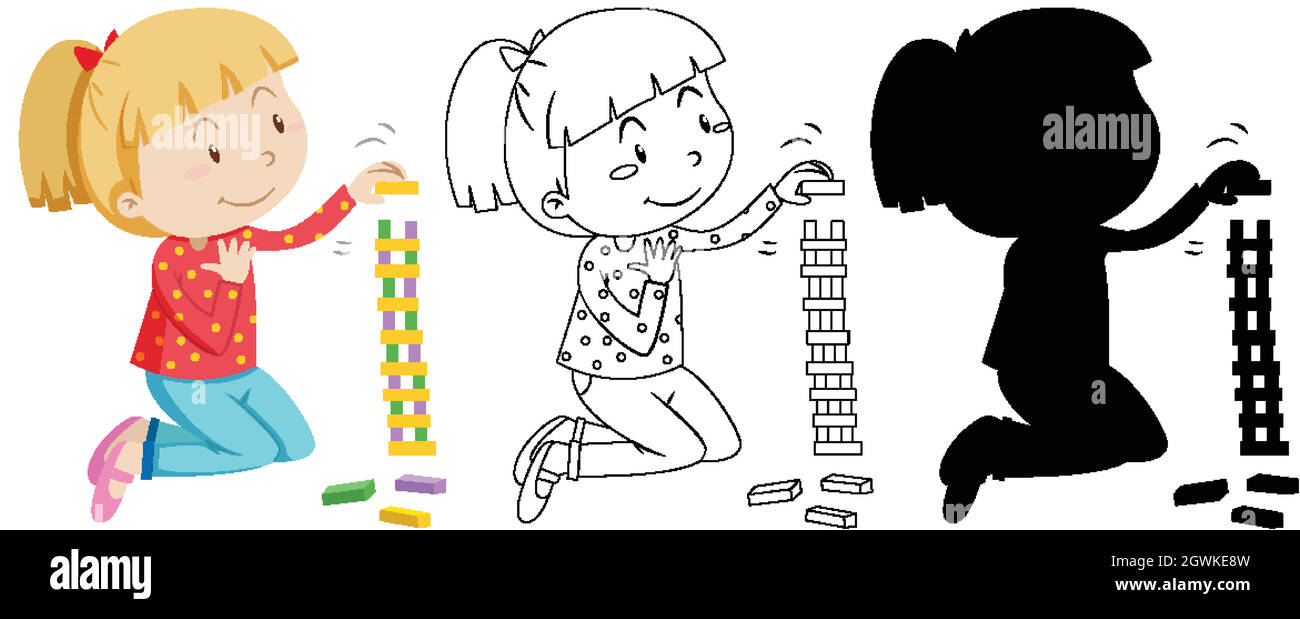 Girl playing jenga in colour and outline and silhouette Stock Vector ...