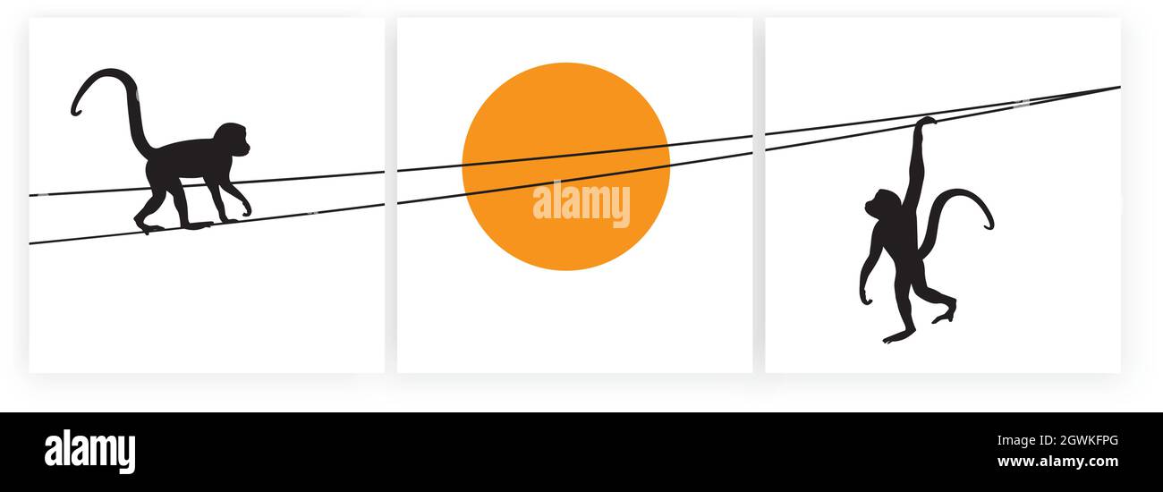 Monkeys hanging on rope on sunset, vector. Three pieces minimalist ...