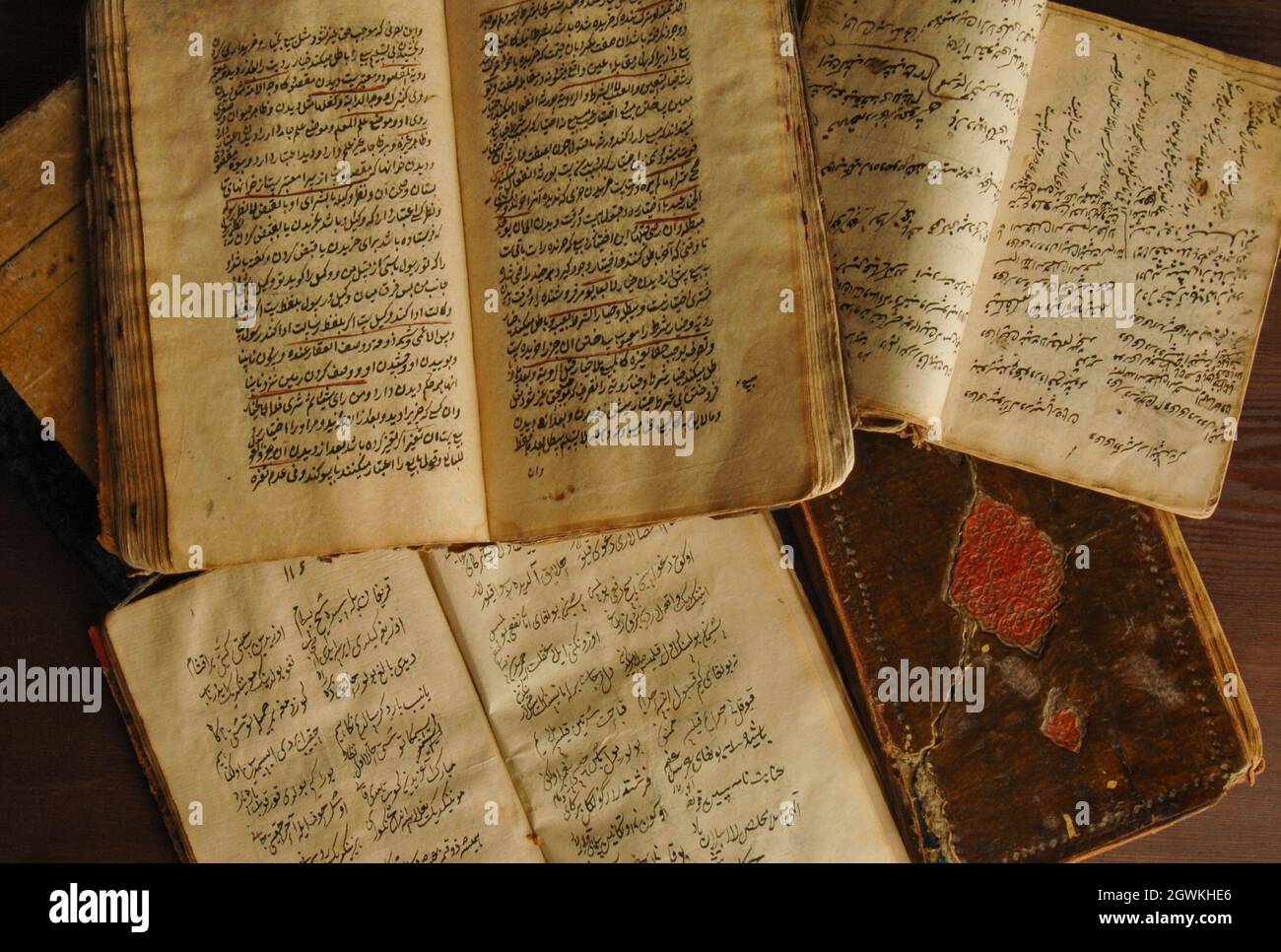 Stack of open ancient books in Arabic. Old Arabic manuscripts and texts ...