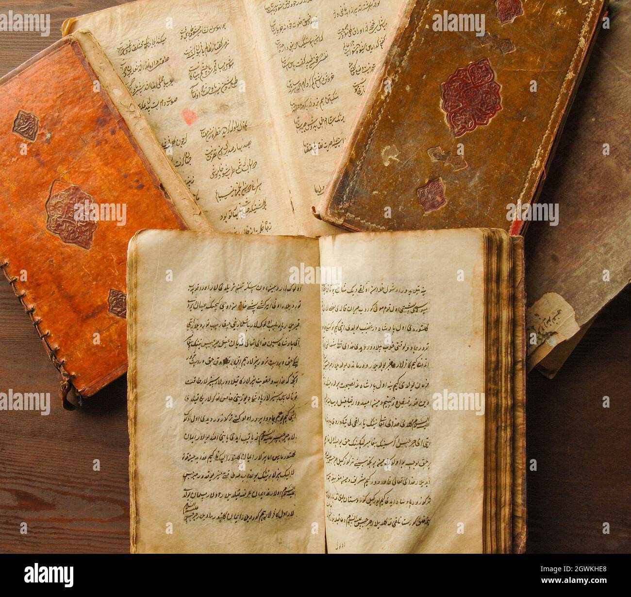 Stack of open ancient books in Arabic. Old Arabic manuscripts and texts ...