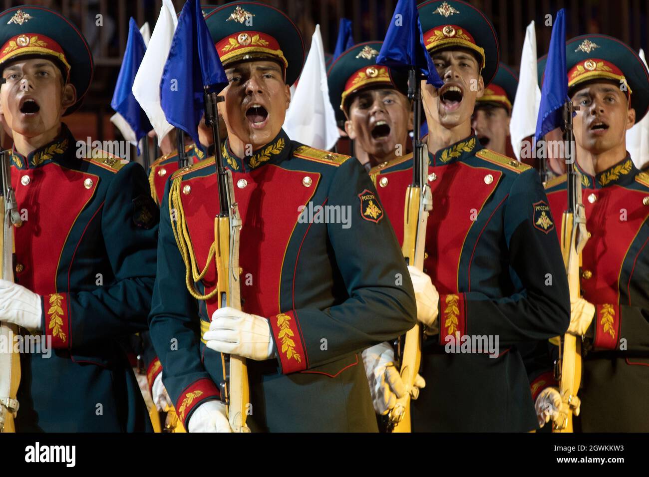 Moscow, Russia. 29th August, 2021 Honour guard of the Preobrazhensky ...