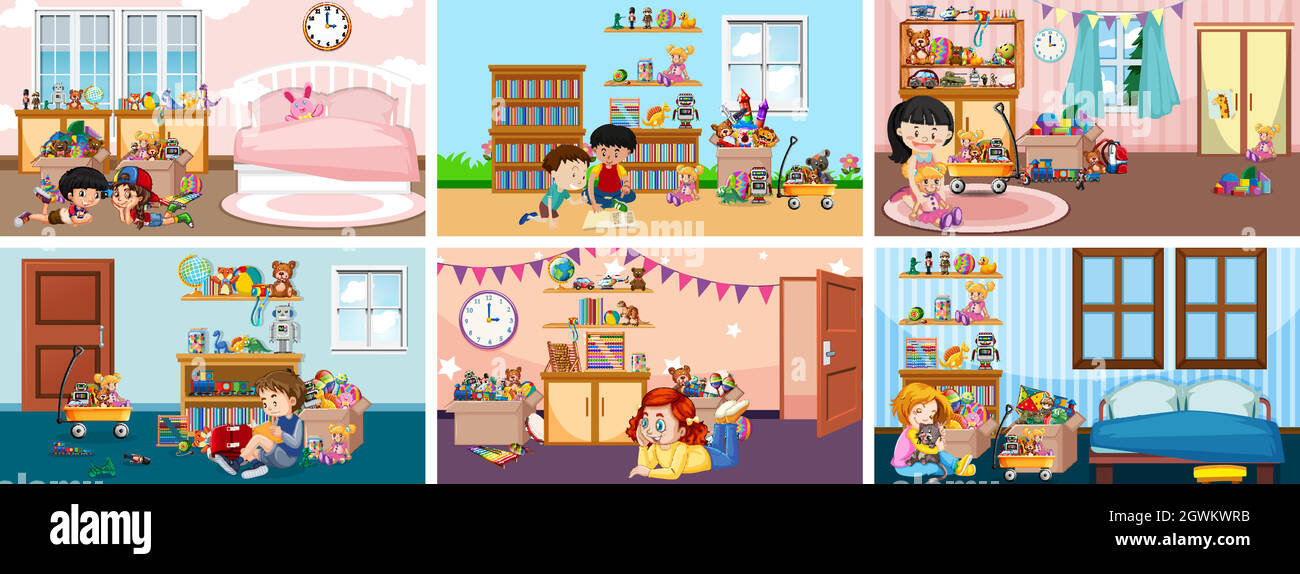 Six scenes with children doing activities in different rooms Stock ...