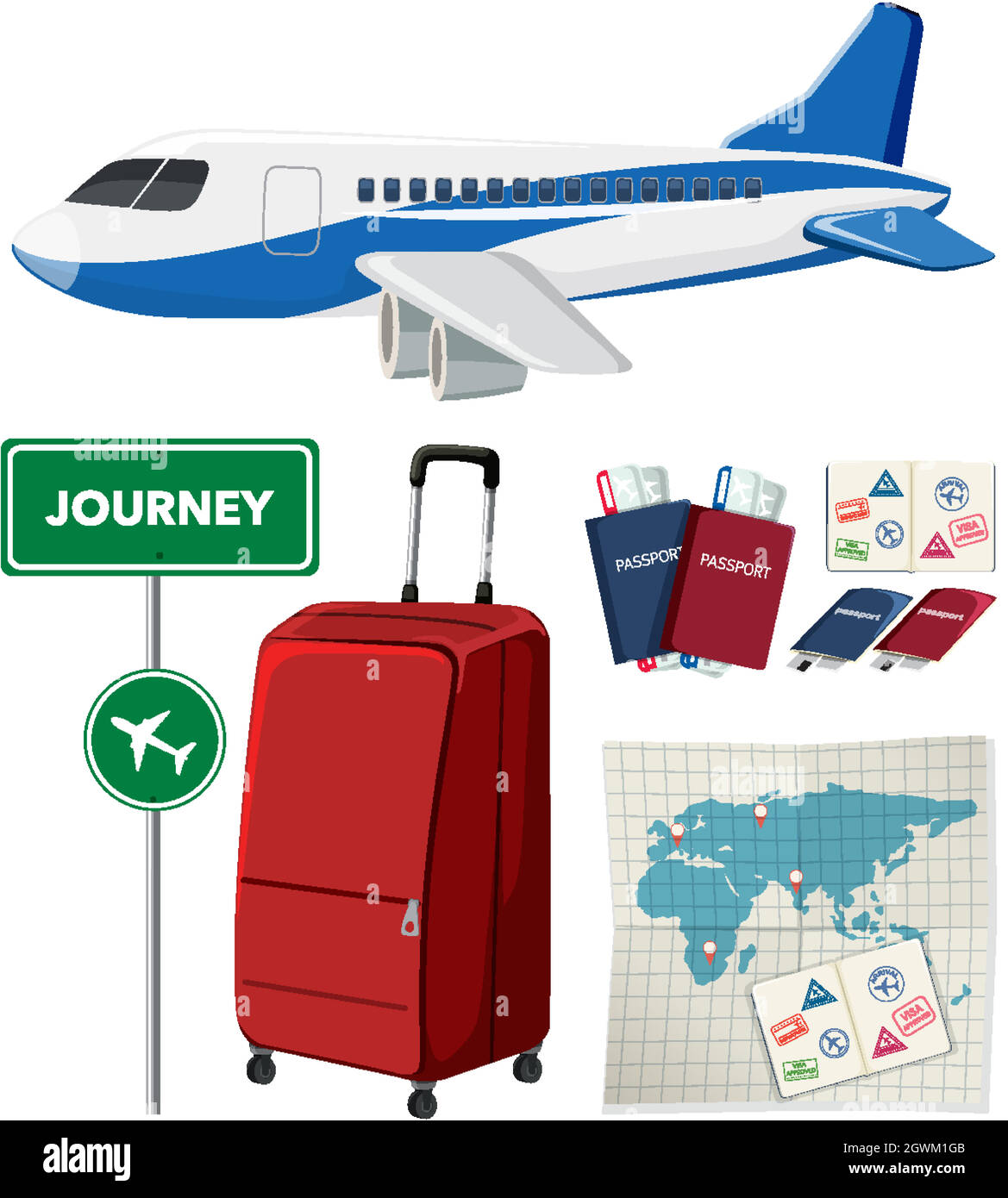 Travel set with airplane and other items on white background Stock ...