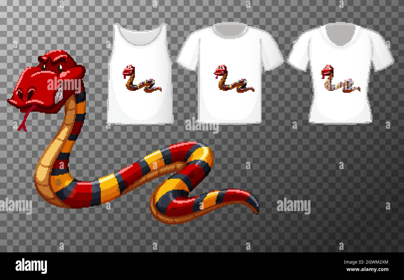 Red snake cartoon character with many types of shirts on transparent ...