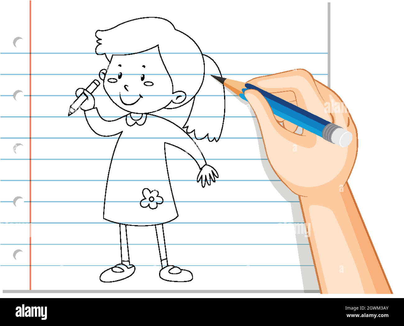 Hand writing of girl holding pencil outline Stock Vector Image & Art ...