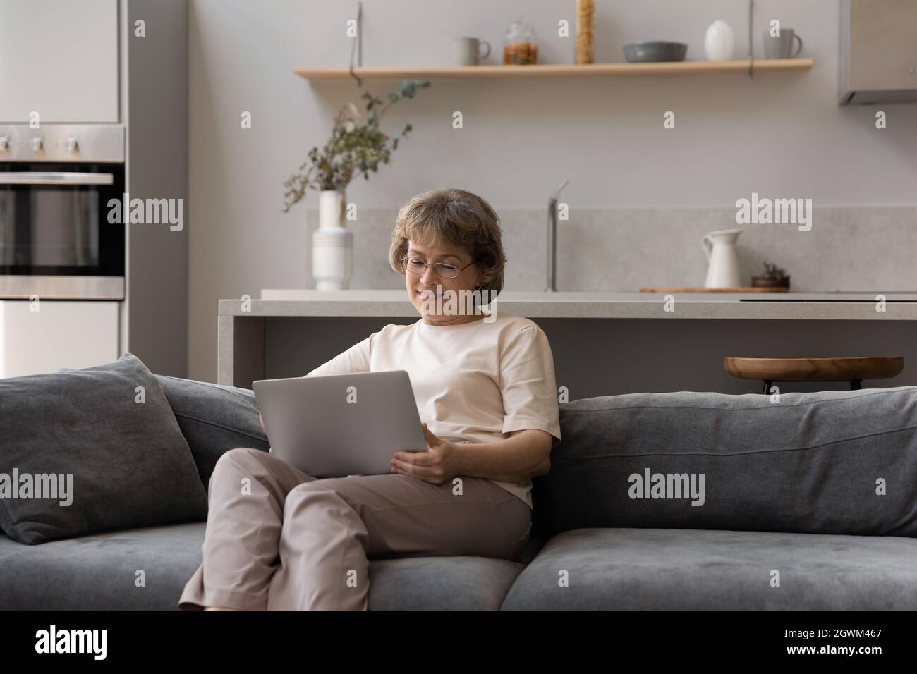 Happy relaxed middle aged woman using computer Stock Photo - Alamy