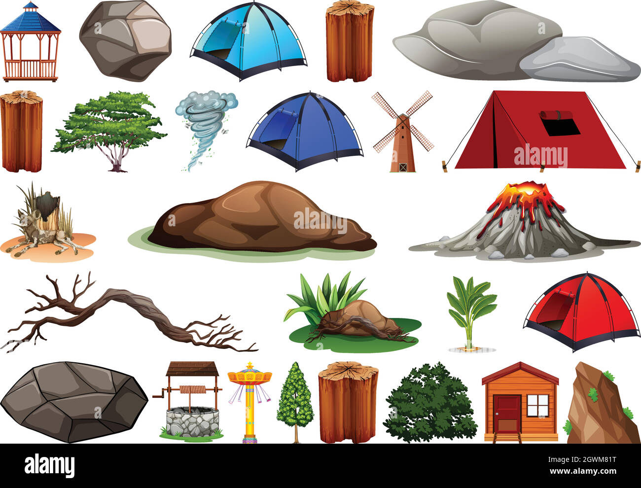 Collection of outdoor nature themed objects and plant elements Stock ...