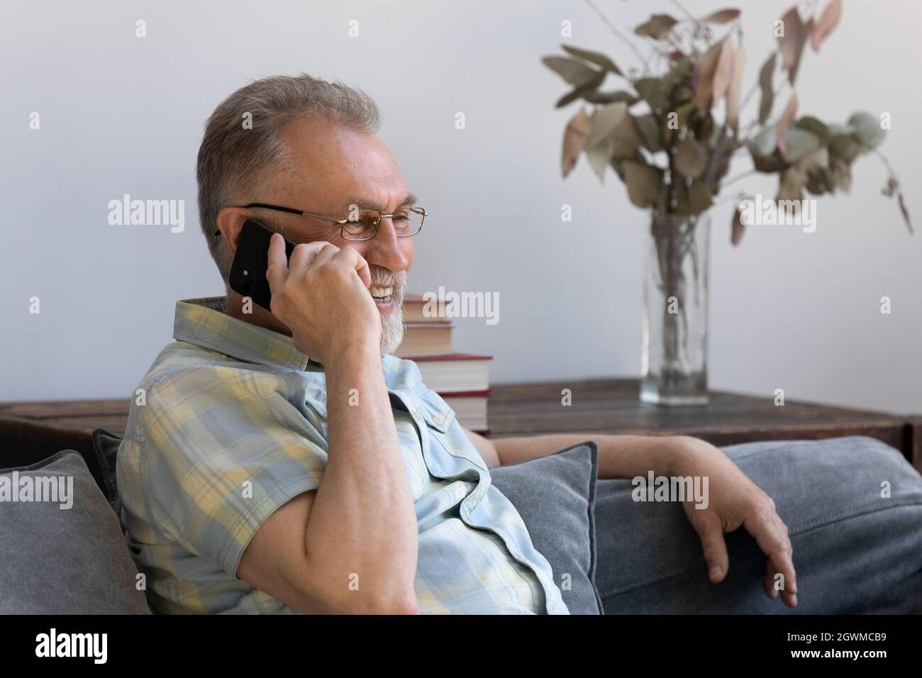 Happy middle aged man holding phone call conversation Stock Photo - Alamy