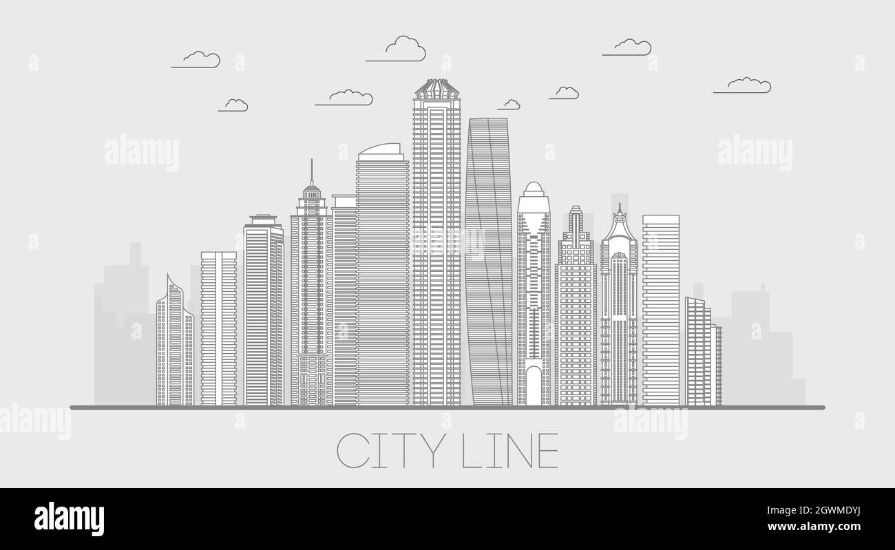 City line illustration panorama. Cityscape line art building. Skyline ...