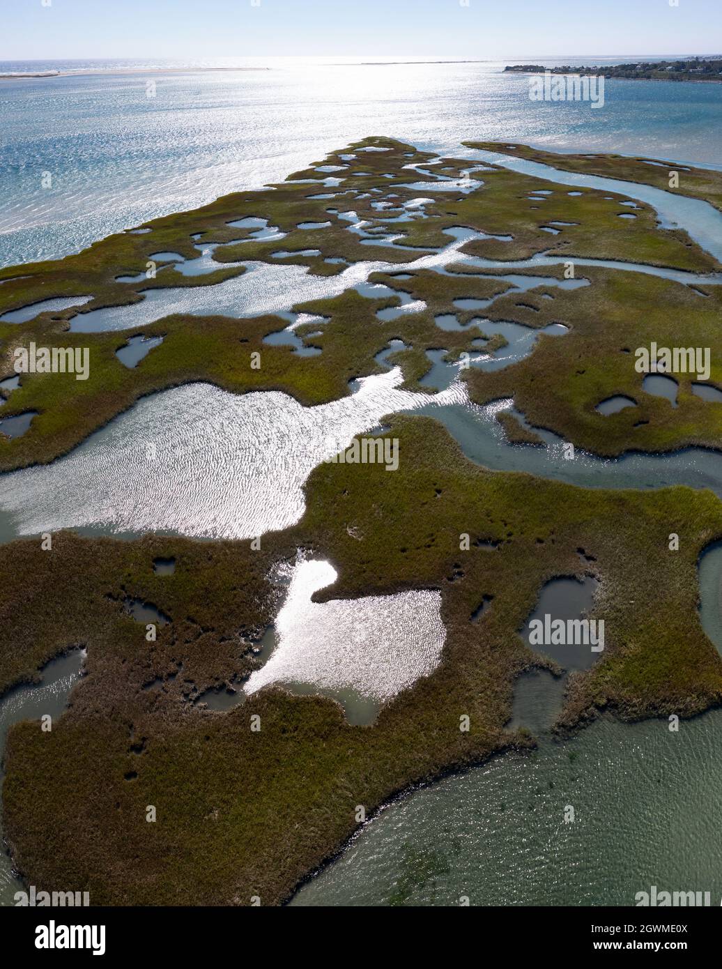 Narrow channels meander through a salt marsh in Pleasant Bay, Cape Cod ...