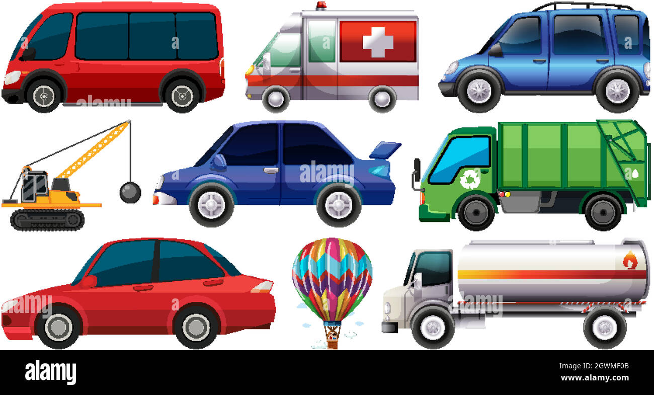 Set of different kind of cars and trucks isolated on white background ...